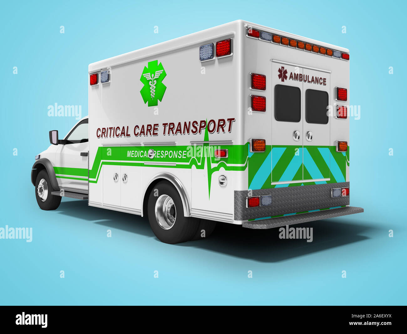 Modern concept of ambulance with green 3d render inserts on blue ...