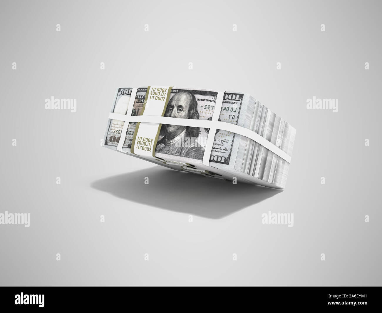 Stack of pack of dollars falling on half 3d render on gray background ...