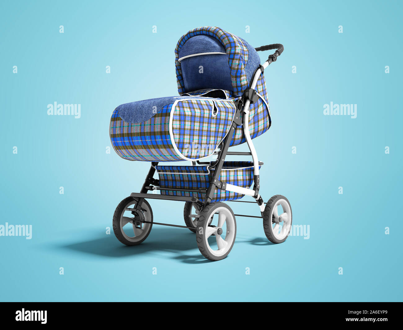 Blue stroller with jeans inserts for baby 3d render on blue background ...