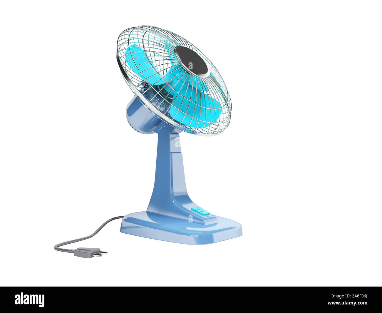 Blue fan to cool the office desktop 3d render on white background no ...