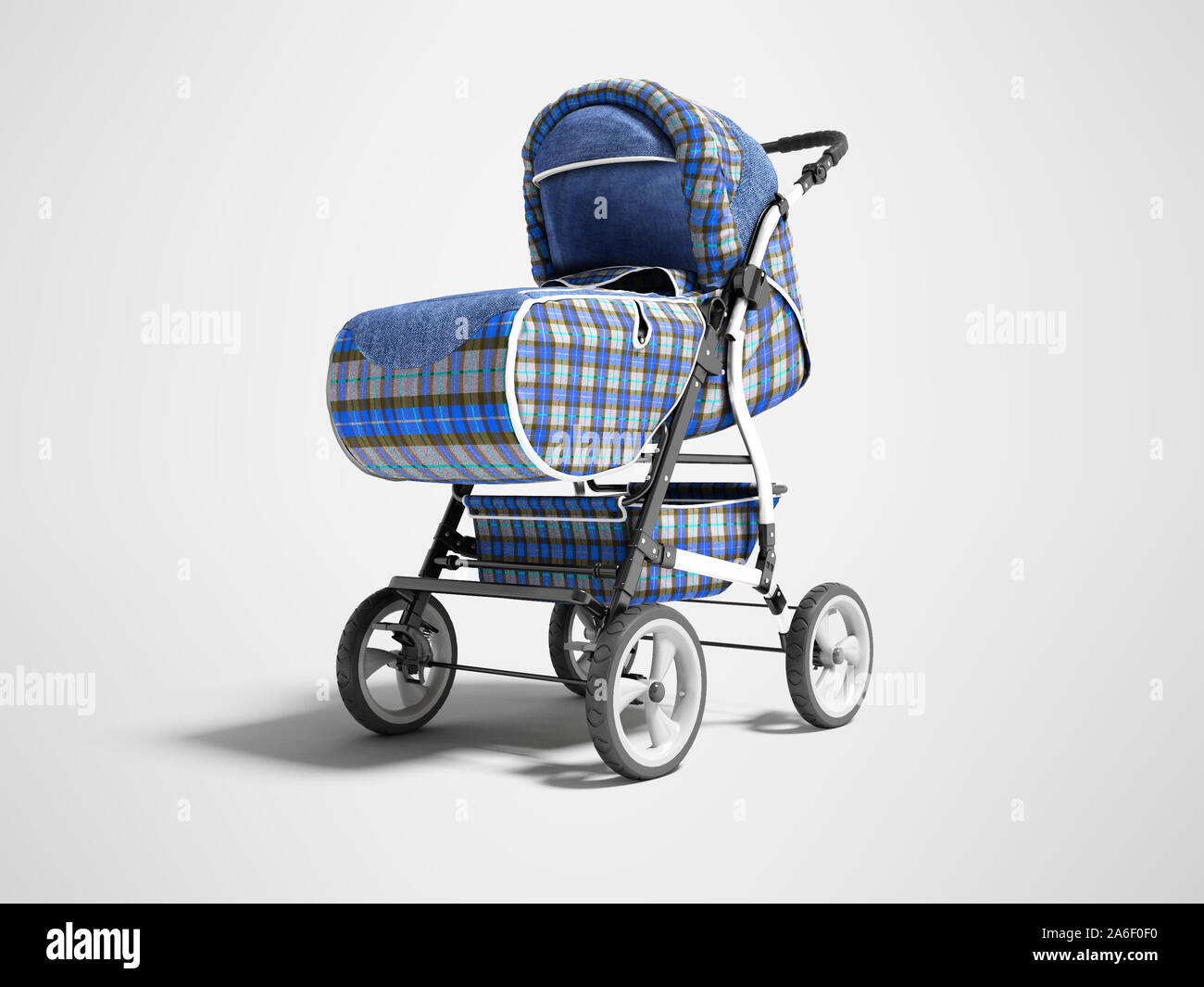 Blue stroller with jeans inserts for baby 3d render on gray background ...