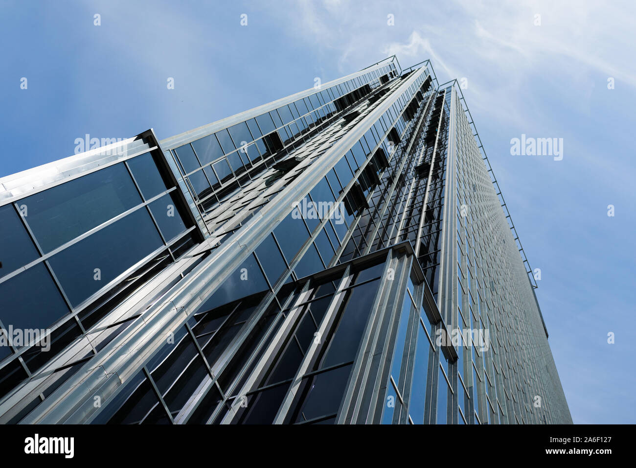 Picture of a very tall glass skyscraper from the bottom up Stock Photo ...