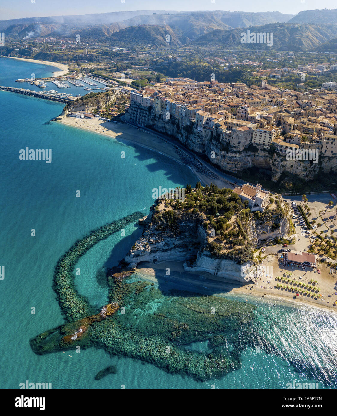 Aerial view of Tropea, house on the rock and Sanctuary of Santa Maria ...