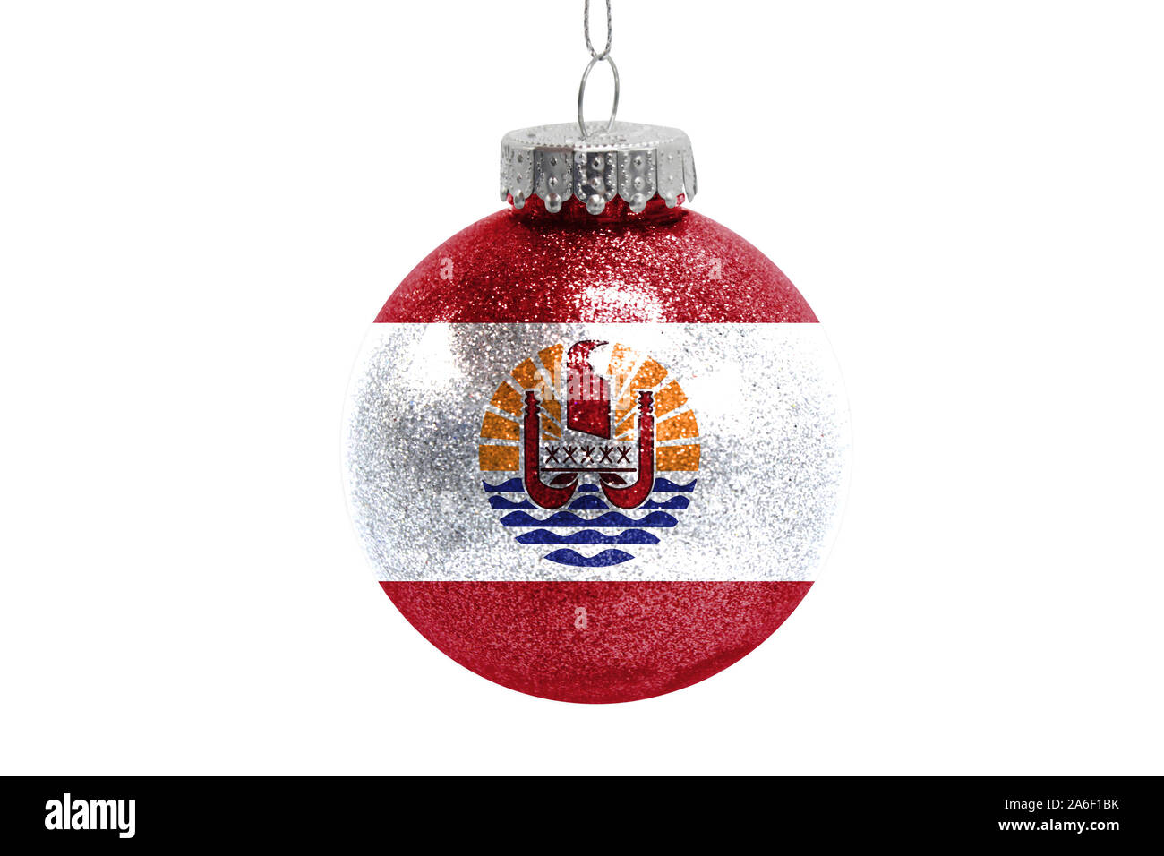Glass Christmas ball toy isolated on white background with the flag of ...