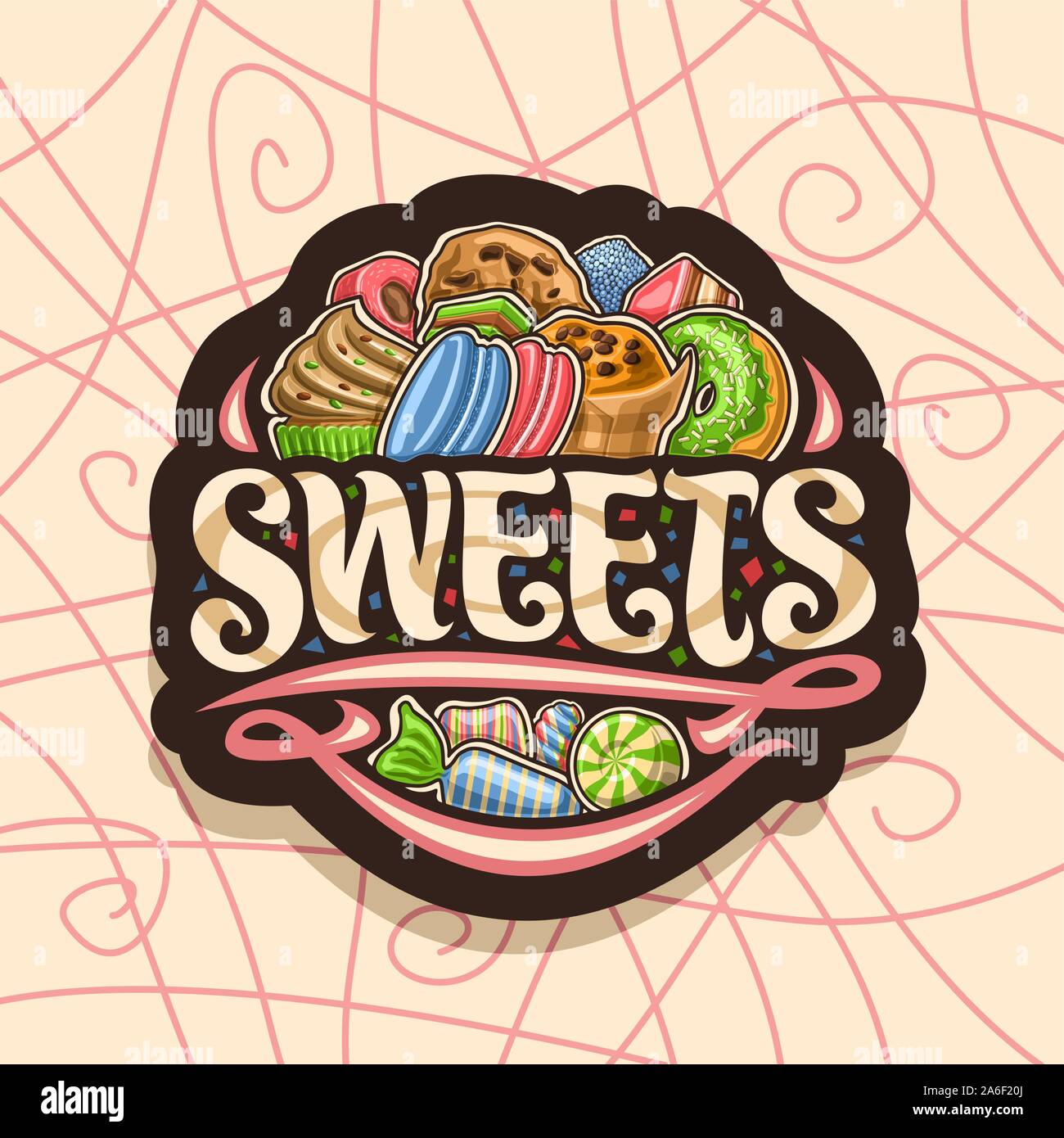 Vector logo for Sweets, dark signboard with heap of cartoon gourmet baked goods, original brush ...