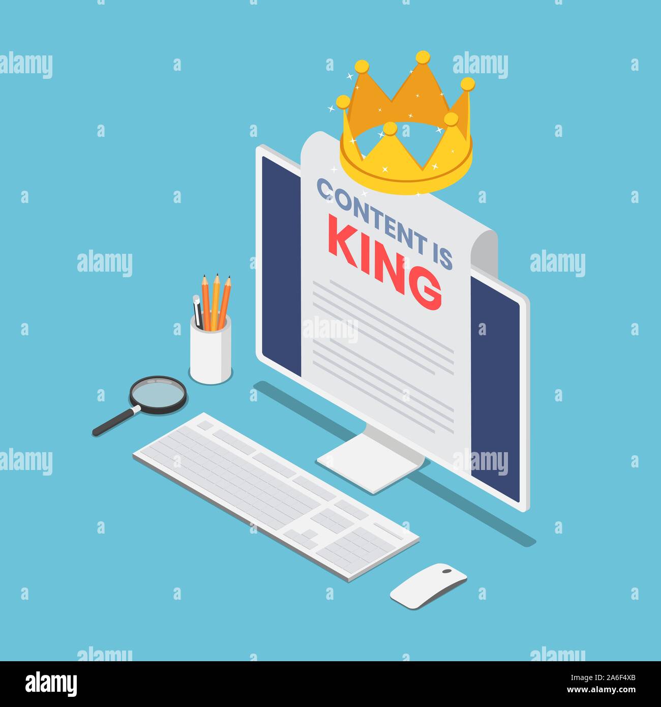 Flat 3d isometric pc monitor with content is king word on paper and ...