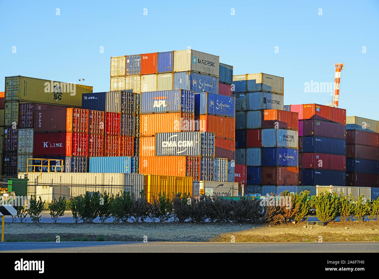 FREMANTLE, AUSTRALIA -3 JUL 2019- View of stacks of shipping containers ...