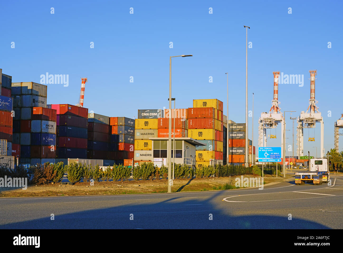 FREMANTLE, AUSTRALIA -3 JUL 2019- View of stacks of shipping containers ...