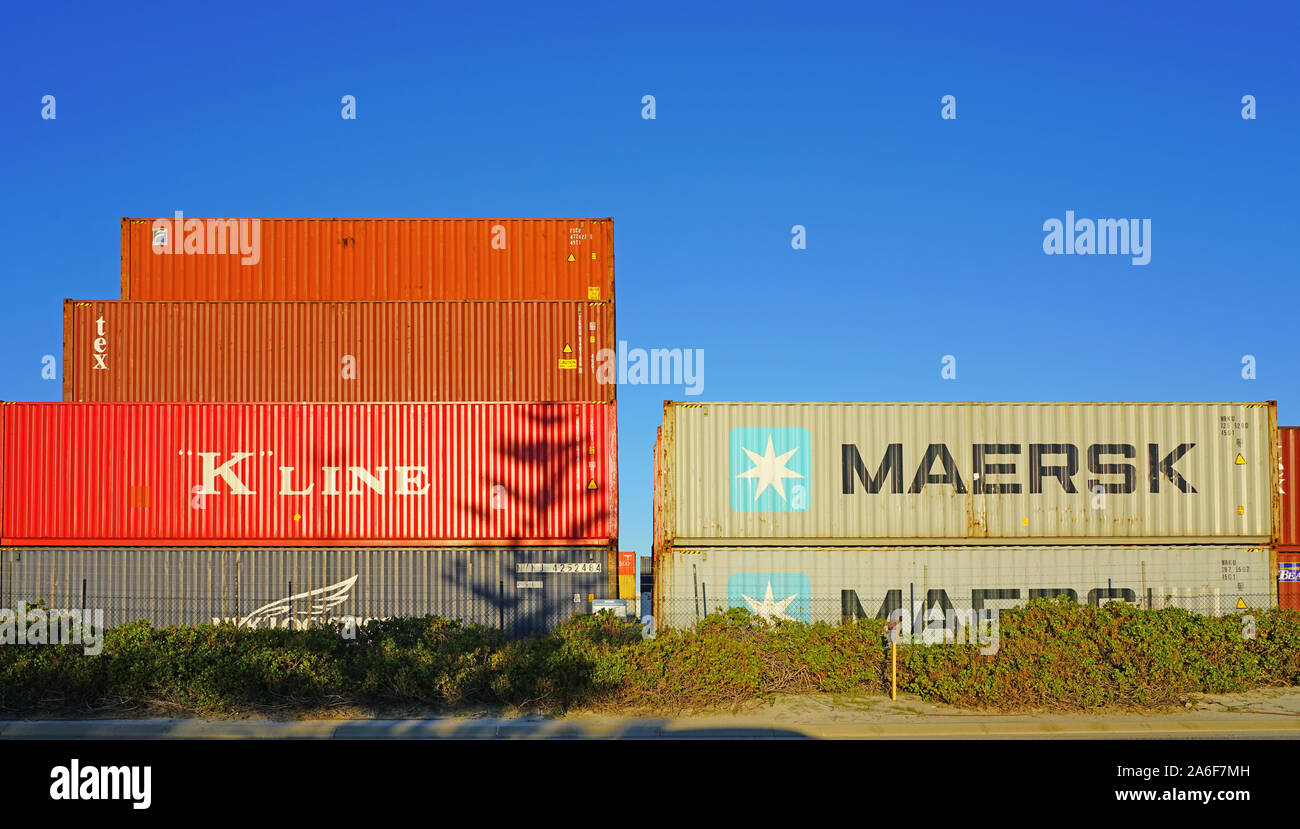 FREMANTLE, AUSTRALIA -3 JUL 2019- View of stacks of shipping containers ...