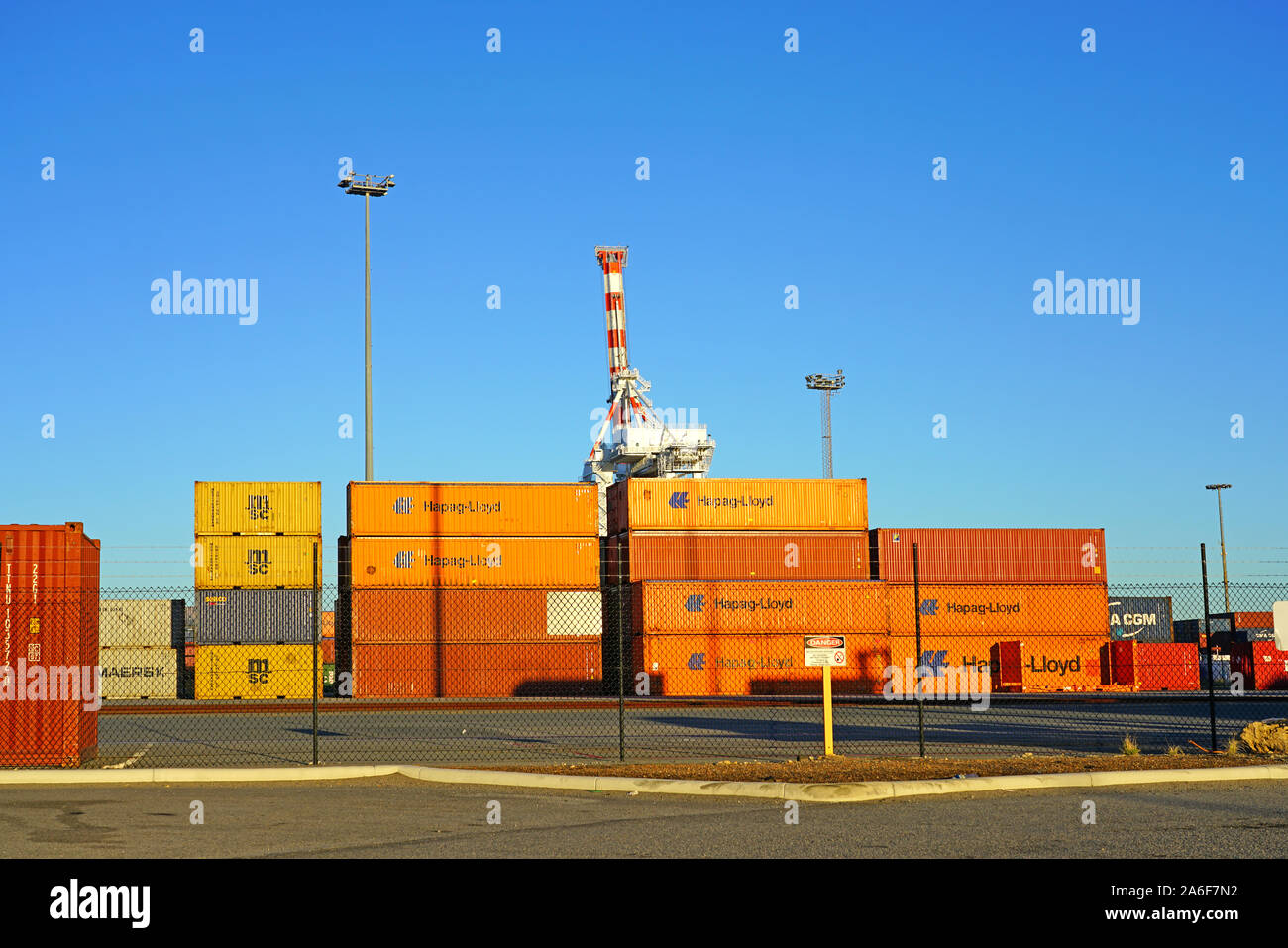 FREMANTLE, AUSTRALIA -3 JUL 2019- View of stacks of shipping containers ...