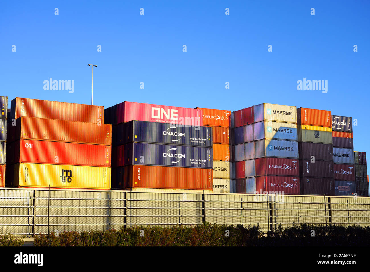 FREMANTLE, AUSTRALIA -3 JUL 2019- View of stacks of shipping containers ...
