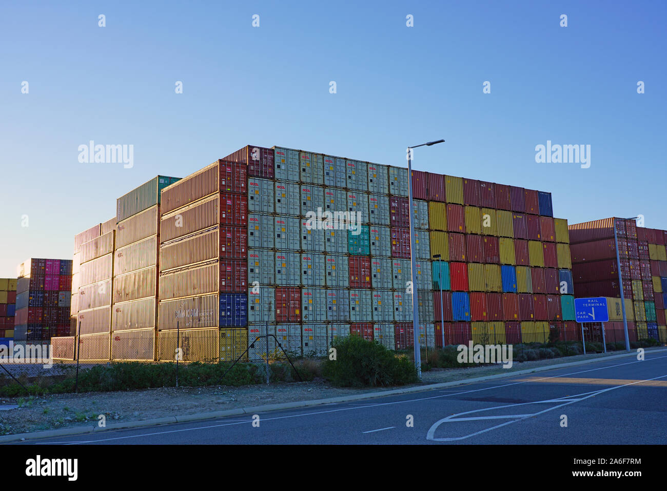 FREMANTLE, AUSTRALIA -3 JUL 2019- View of stacks of shipping containers ...
