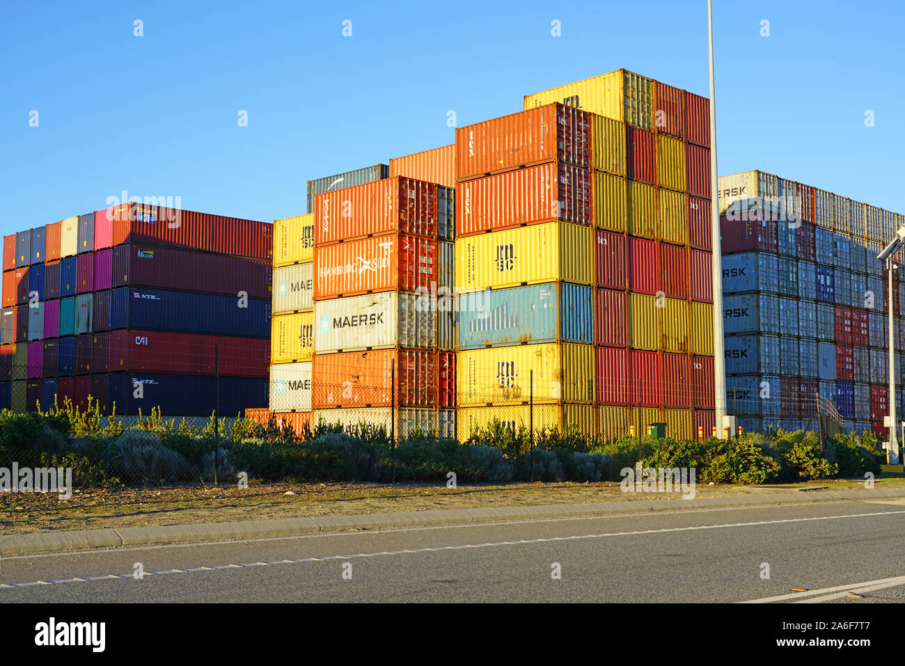 FREMANTLE, AUSTRALIA -3 JUL 2019- View of stacks of shipping containers ...