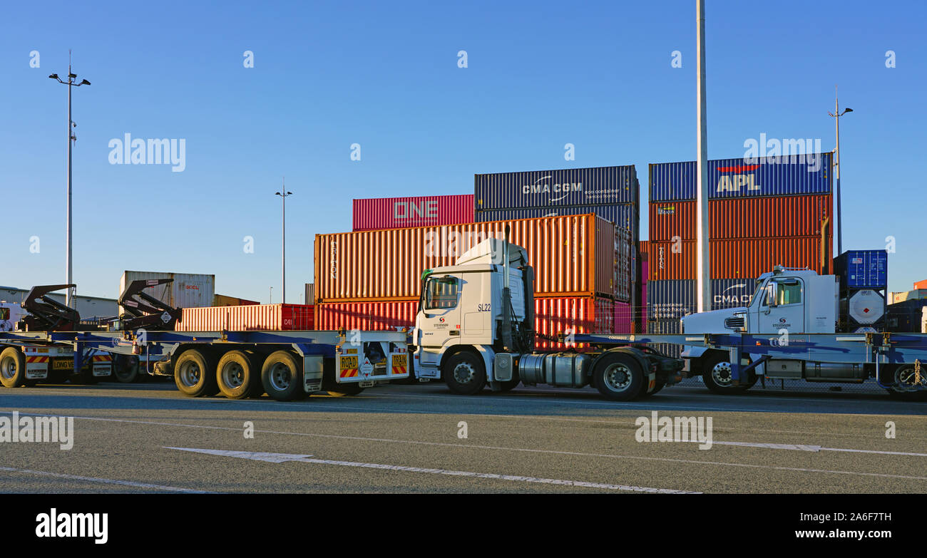 FREMANTLE, AUSTRALIA -3 JUL 2019- View of stacks of shipping containers ...