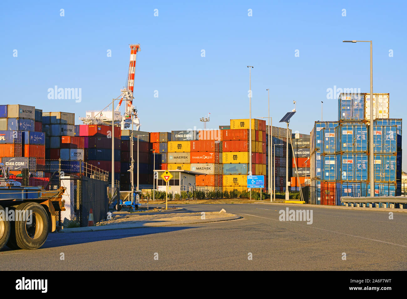 FREMANTLE, AUSTRALIA -3 JUL 2019- View of stacks of shipping containers ...