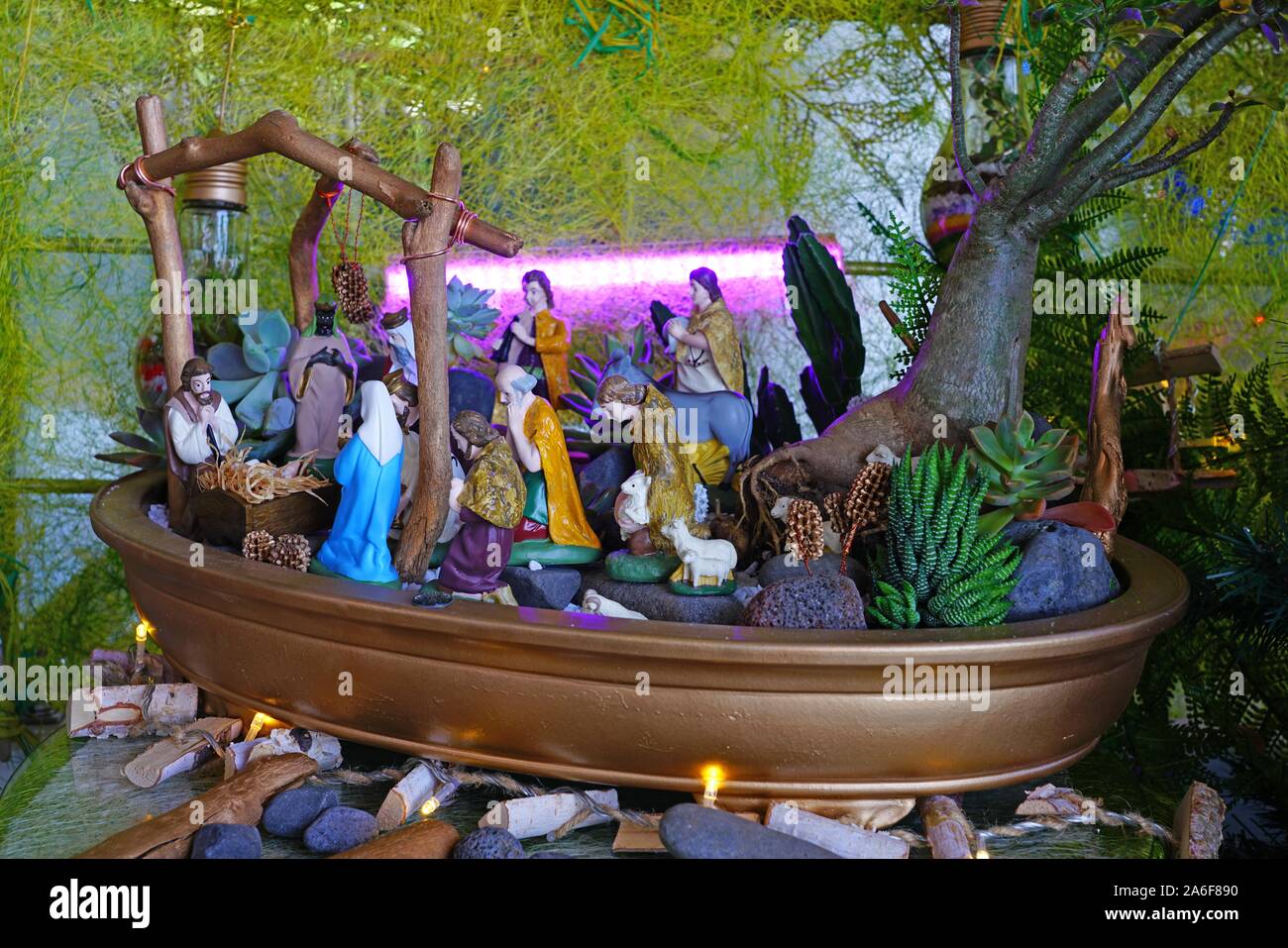 A small creche nativity scene display with tropical plants at Christmas ...