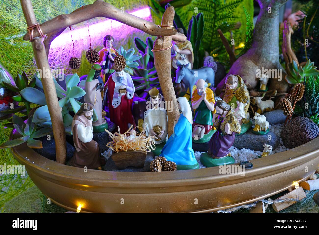 A small creche nativity scene display with tropical plants at Christmas ...