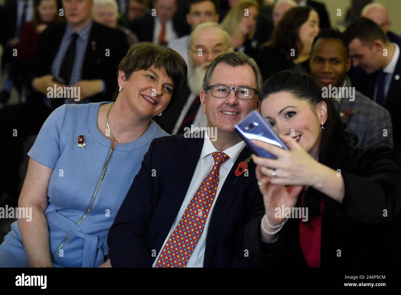 Arlene Foster (left), Leader of the DUP, poses for a selfie with ...