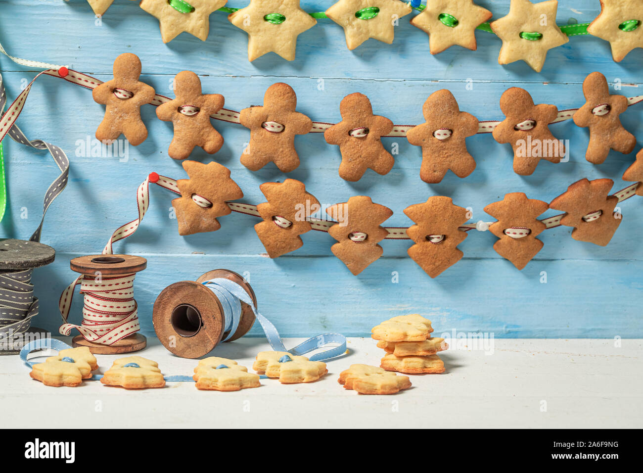 Rustic gingerbread cookie chain as special Christmas decoration Stock ...