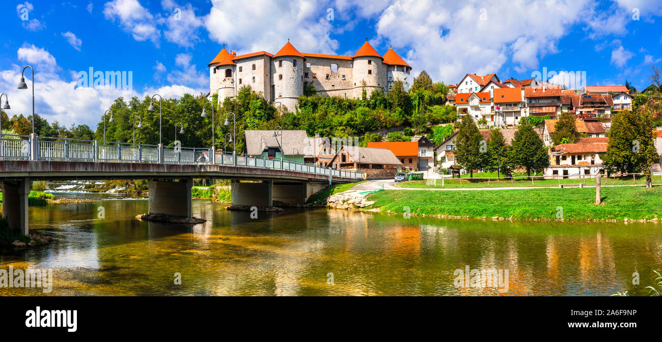 Beautiful medieval castles of Slovenia - Zuzemberk on Krka river Stock ...