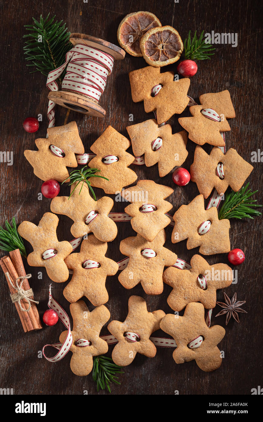 Traditionally chain made of gingerbread cookies as decoration for ...
