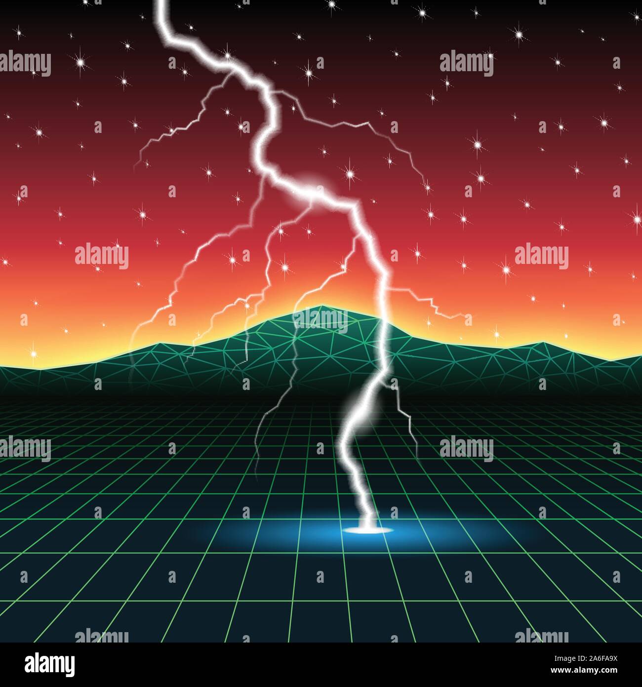 Neon new retro wave computer landscape with lightning Stock Vector ...