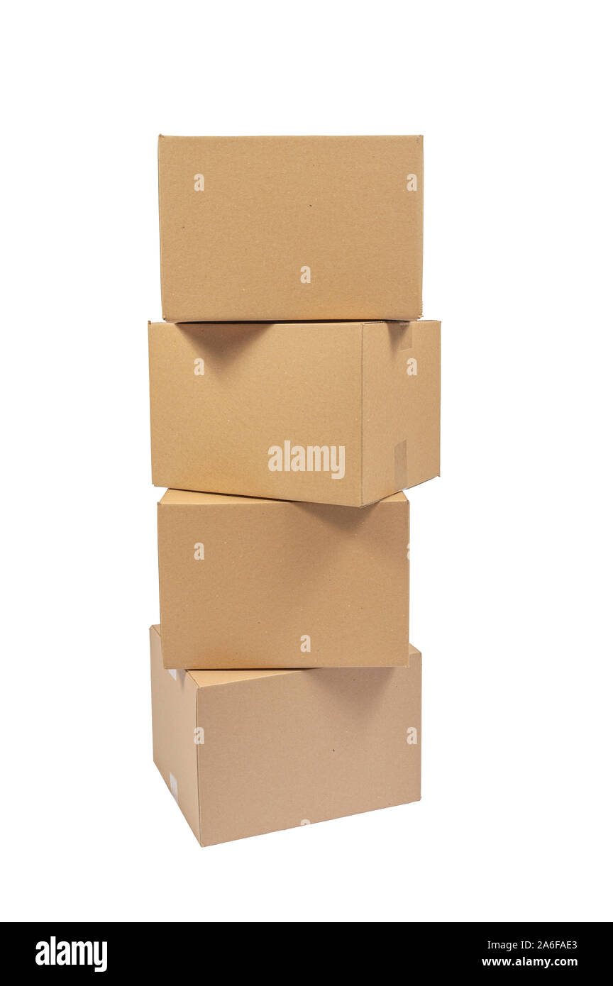 Vertical shot of Four Stacked Cardboard Boxes Isolated On White Stock ...