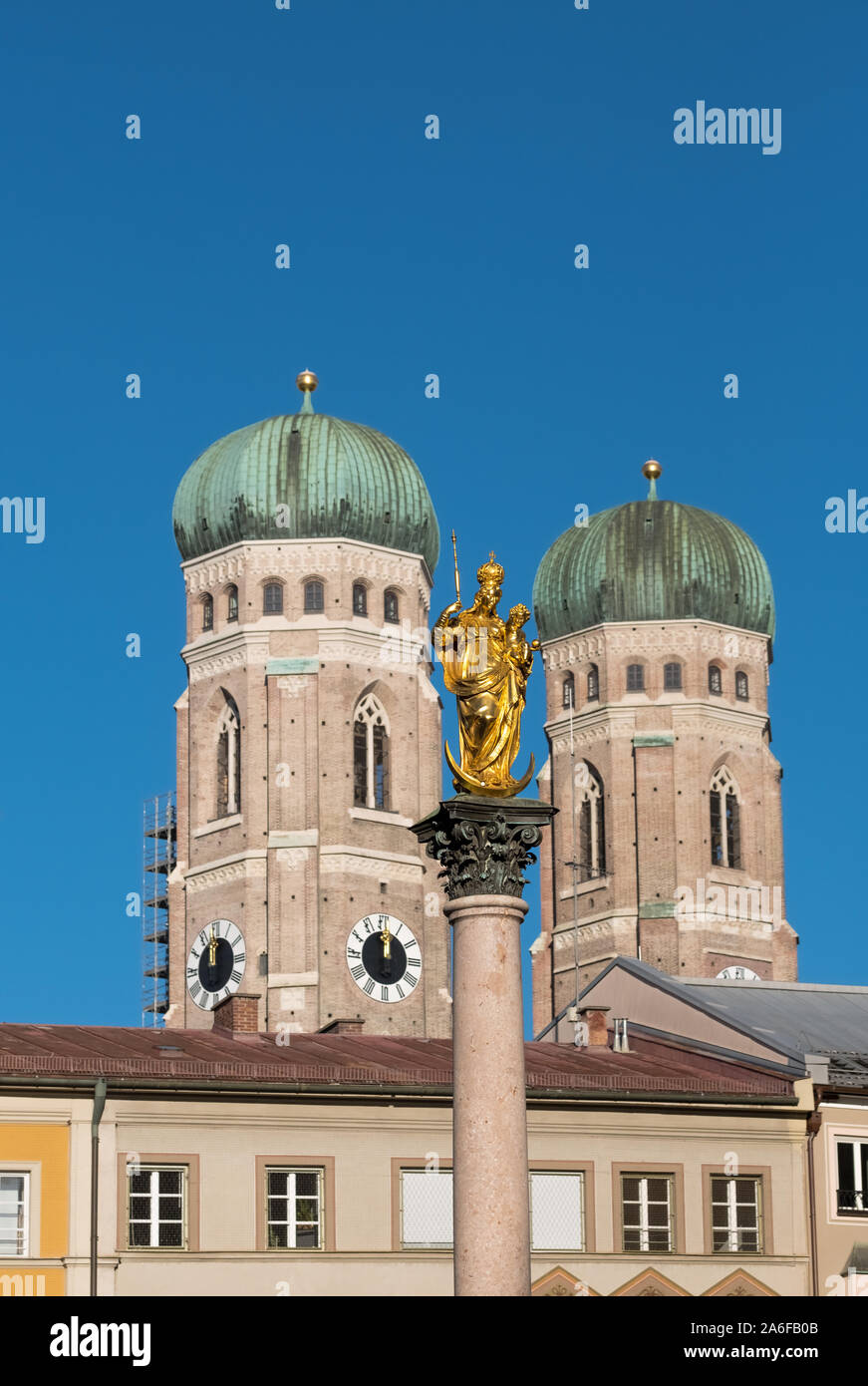 Munich landmark, the tall column in Marienplatz erected in 1638 topped ...