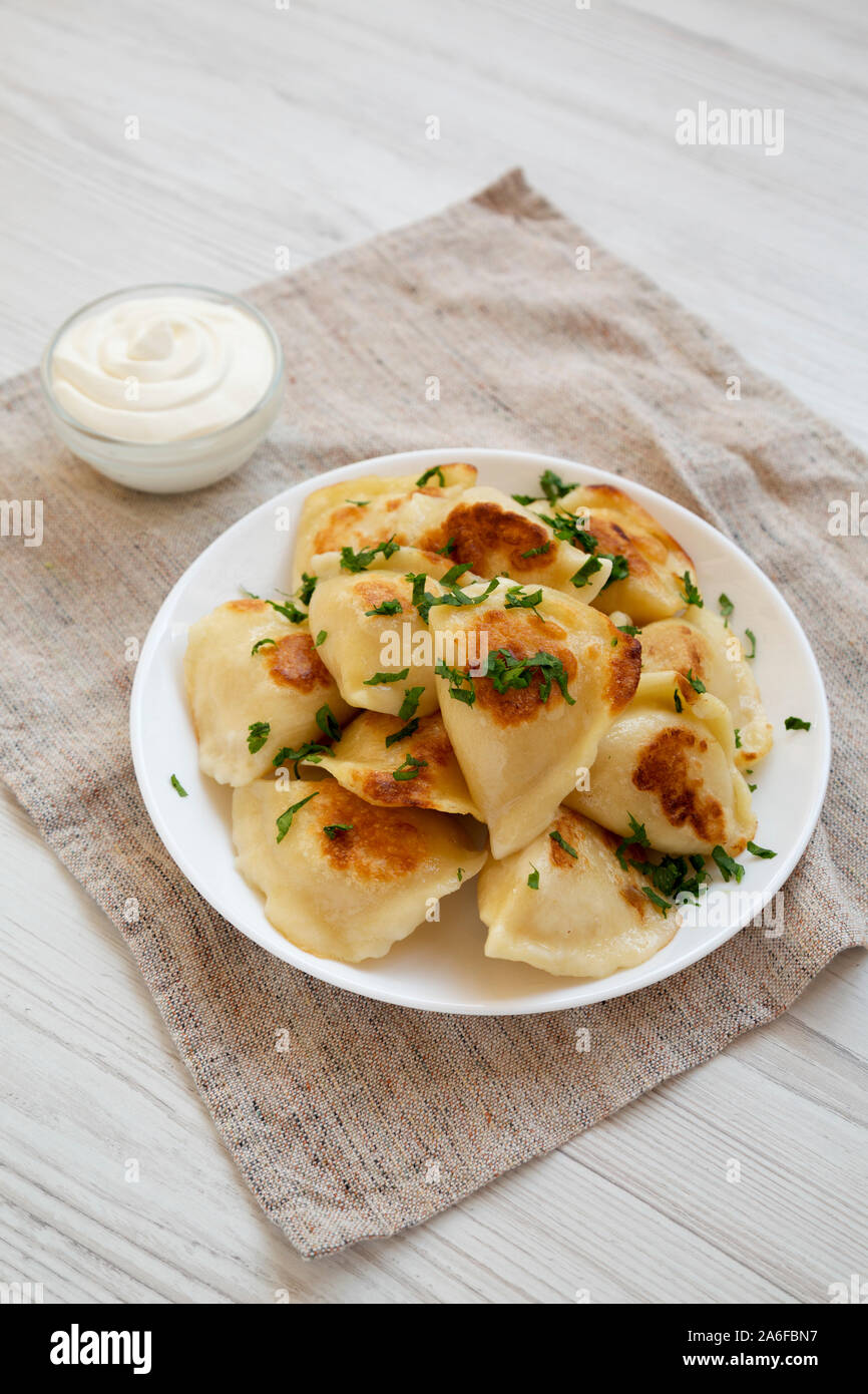 Homemade traditional polish fried potato pierogies on a white plate ...