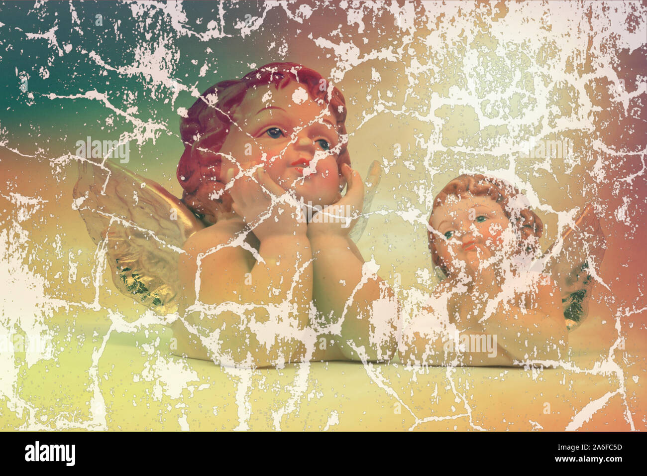 Putti Angel with cracked retro background Stock Photo - Alamy