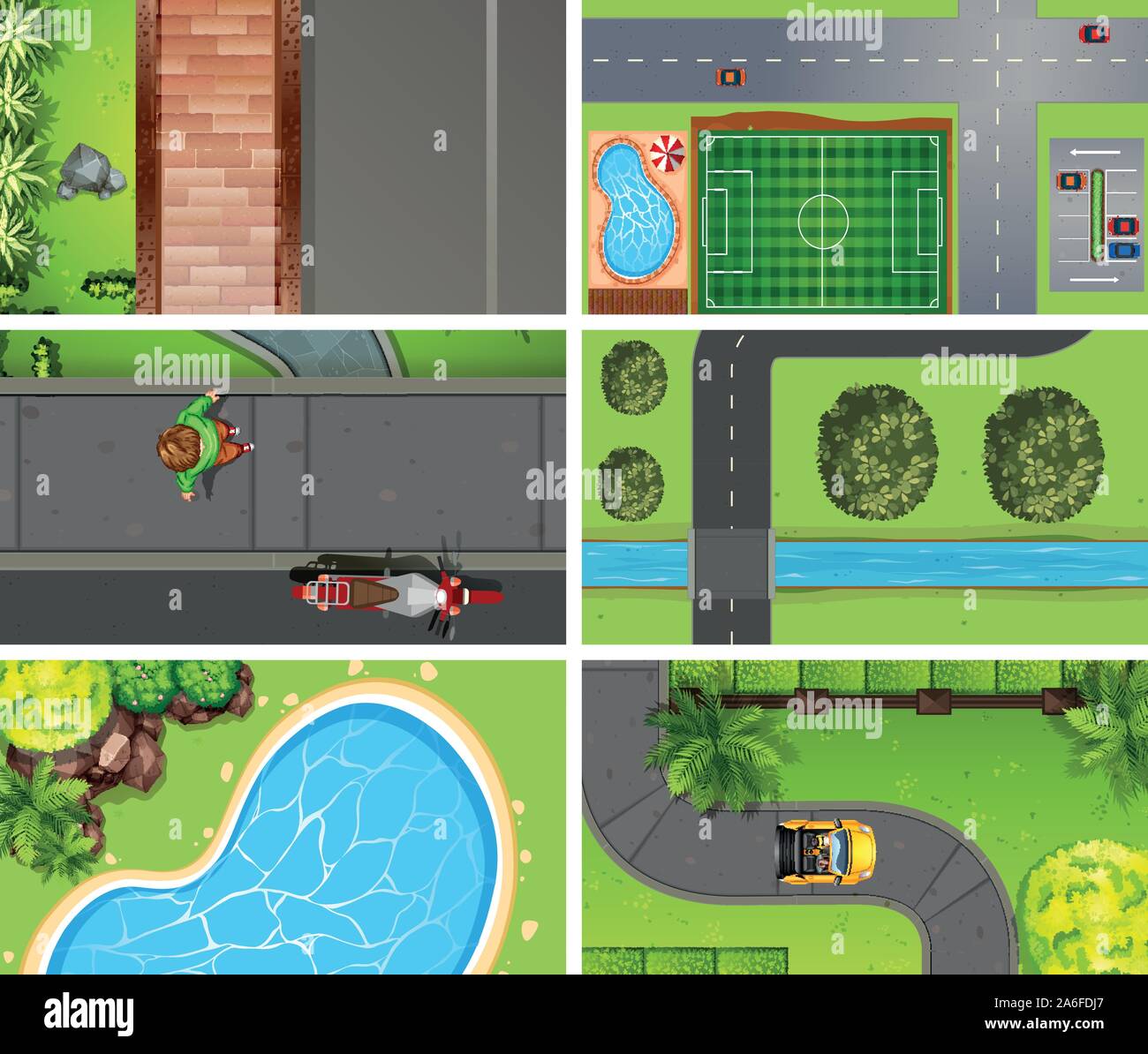 Set of top view aerial scenes in nature and outdoors illustration Stock ...