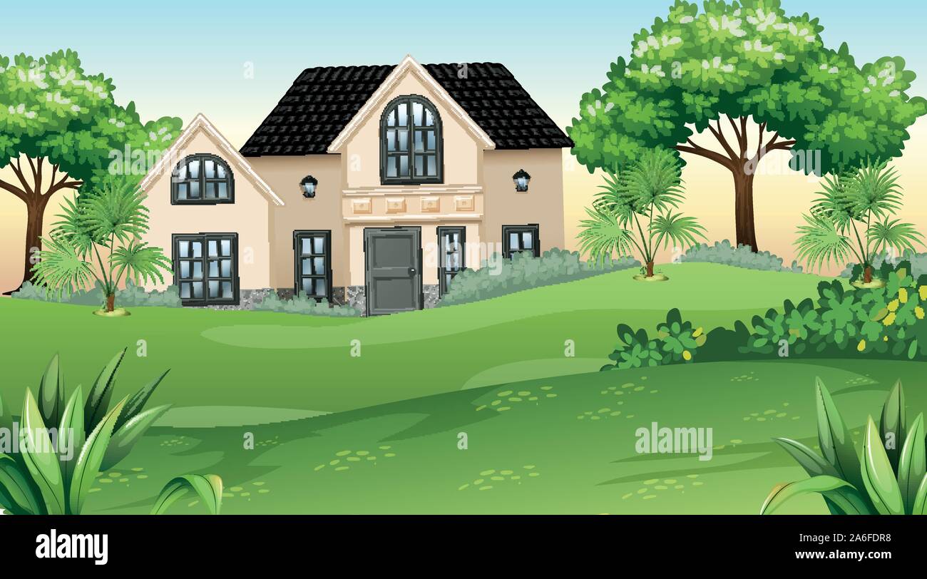 House and garden in nature setting illustration Stock Vector Image ...