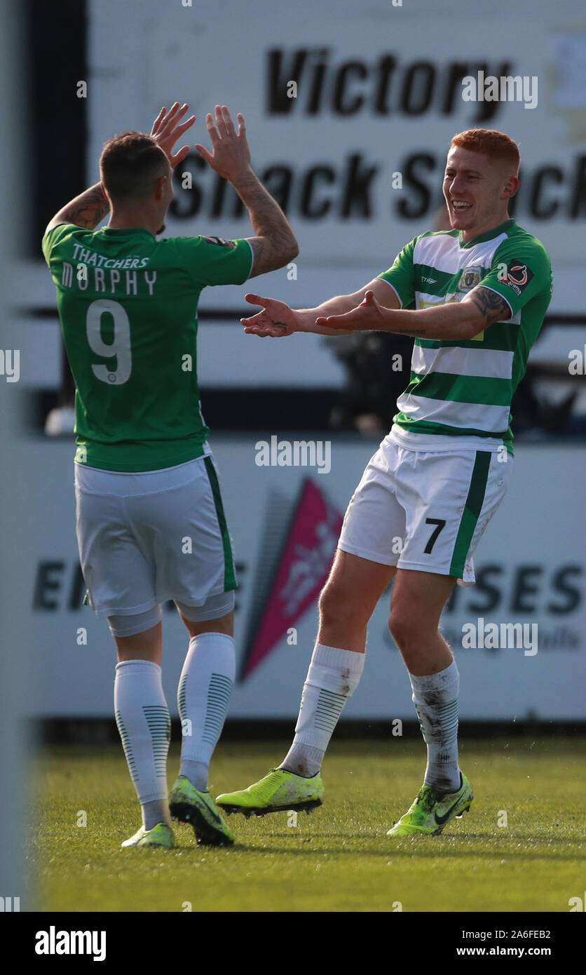 Yeovil Town's Matt Worthington (right) celebrates scoring his side's ...