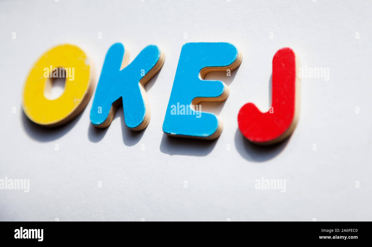 the word OKEJ in wooden letters on light surface Stock Photo - Alamy