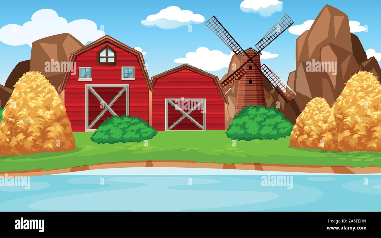 Farm scene in nature with barn illustration Stock Vector Image & Art ...