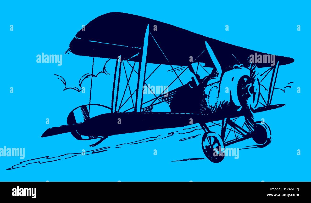 Slightly ascending historic biplane in fromt of a cloudy and sunny sky ...