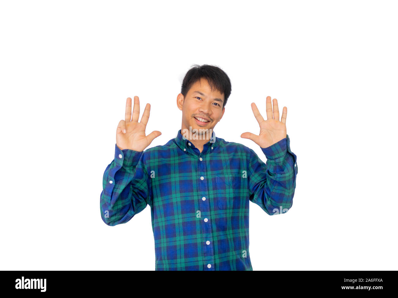 The Asian untidy man in blue plaid shirt is showing number nine symbol ...