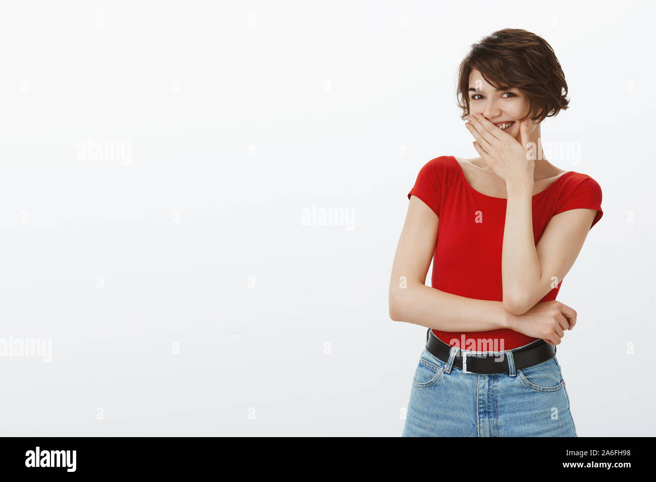 Enthusiastic cheerful pretty tender young woman pixie short haircut ...