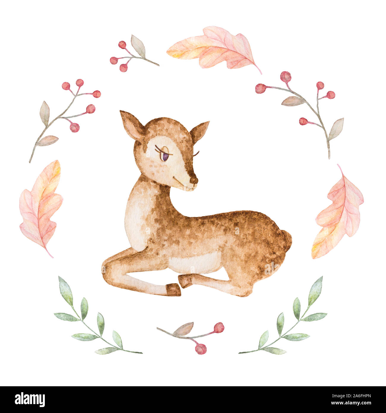 Watercolor baby clipart. Forest animals, little deer lies, branches ...