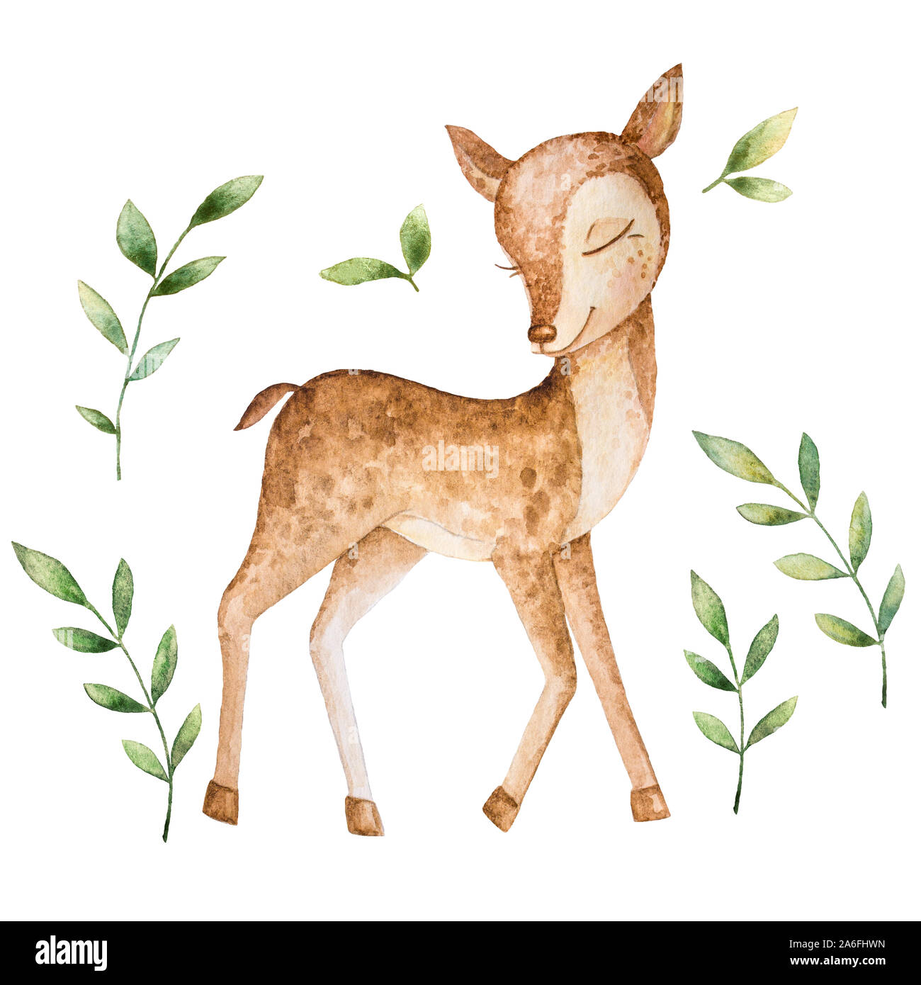 Watercolor baby clipart. Forest animals, small deer, branches, leaves ...
