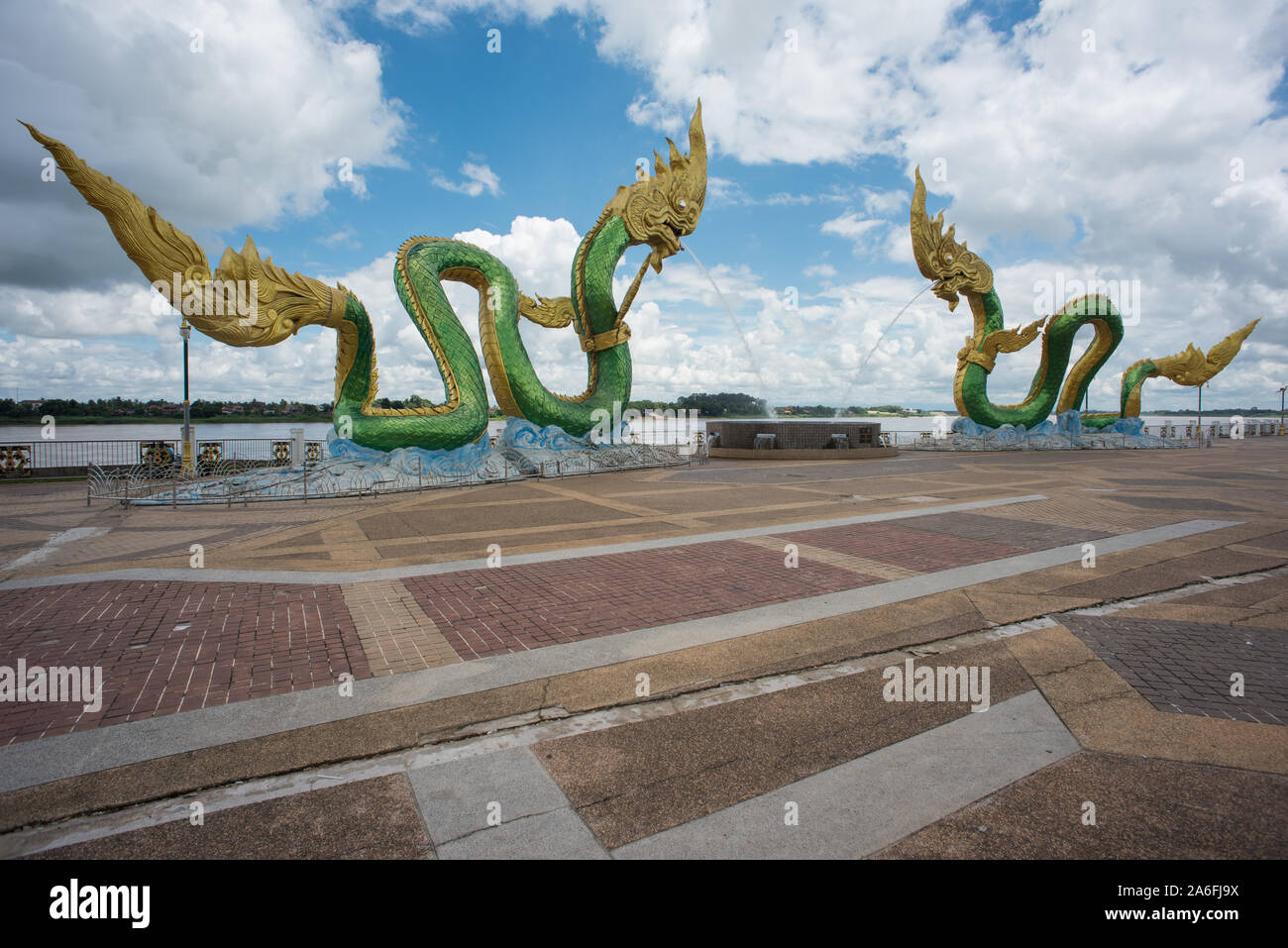 Nong Khai, Thailand, this is the Naga Statue at mekong river promenade ...
