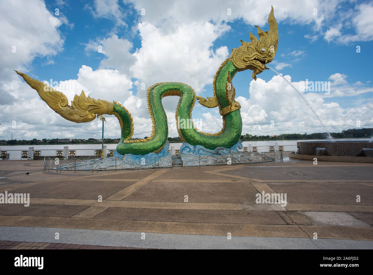 Nong Khai, Thailand, this is the Naga Statue at mekong river promenade ...