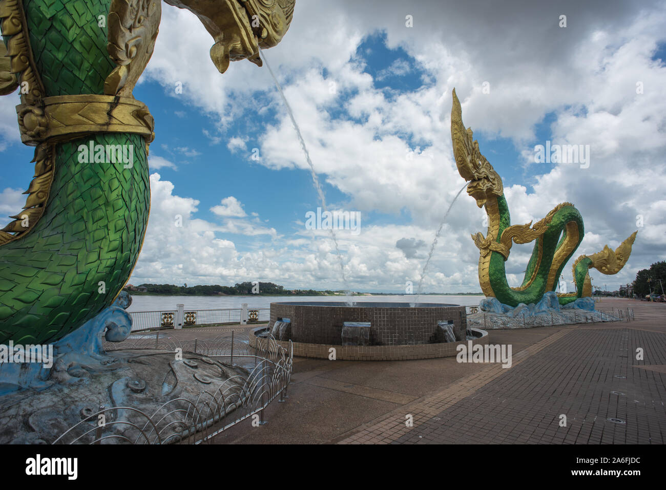 Nong Khai, Thailand, this is the Naga Statue at mekong river promenade ...