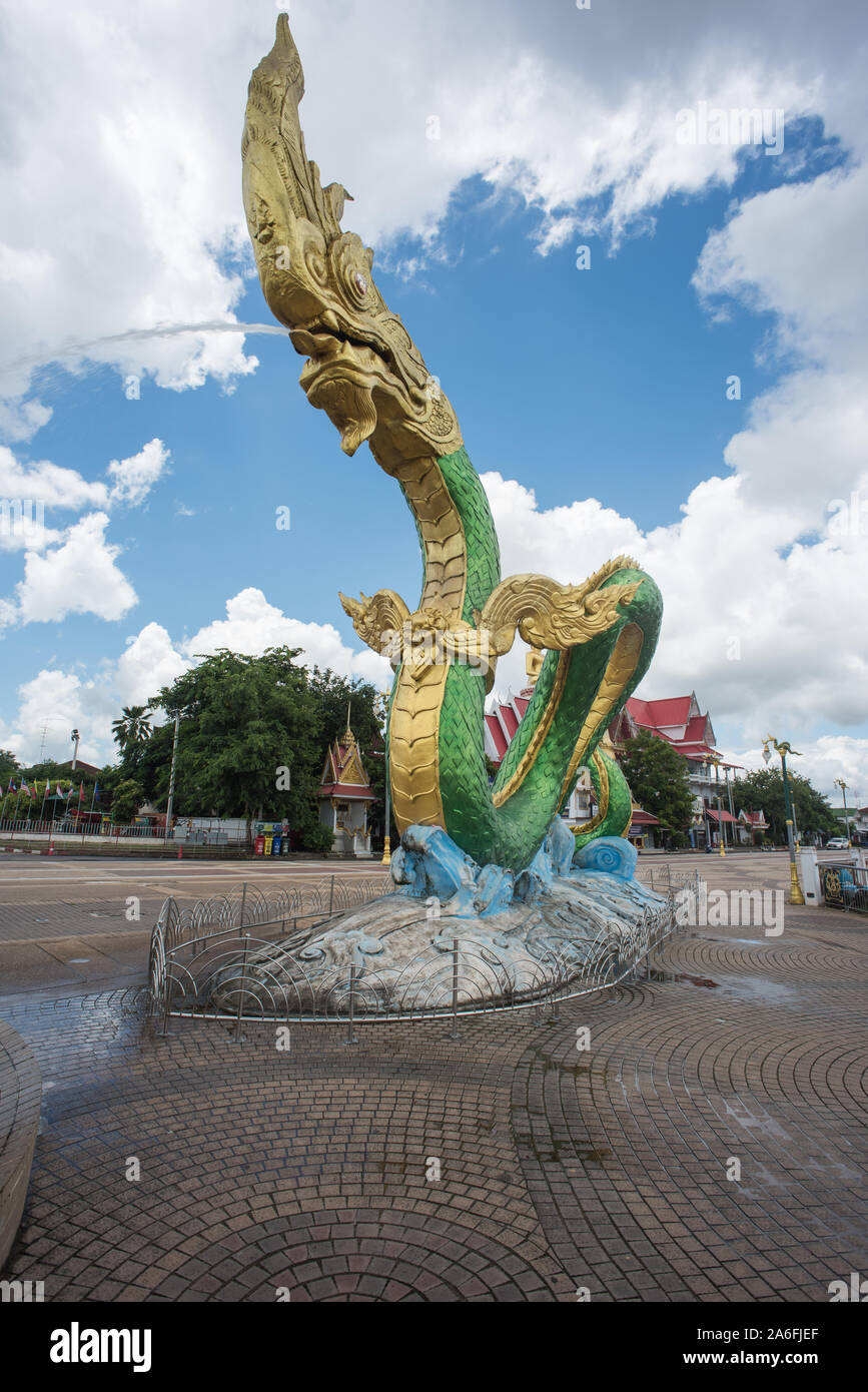 Nong Khai, Thailand, this is the Naga Statue at mekong river promenade ...