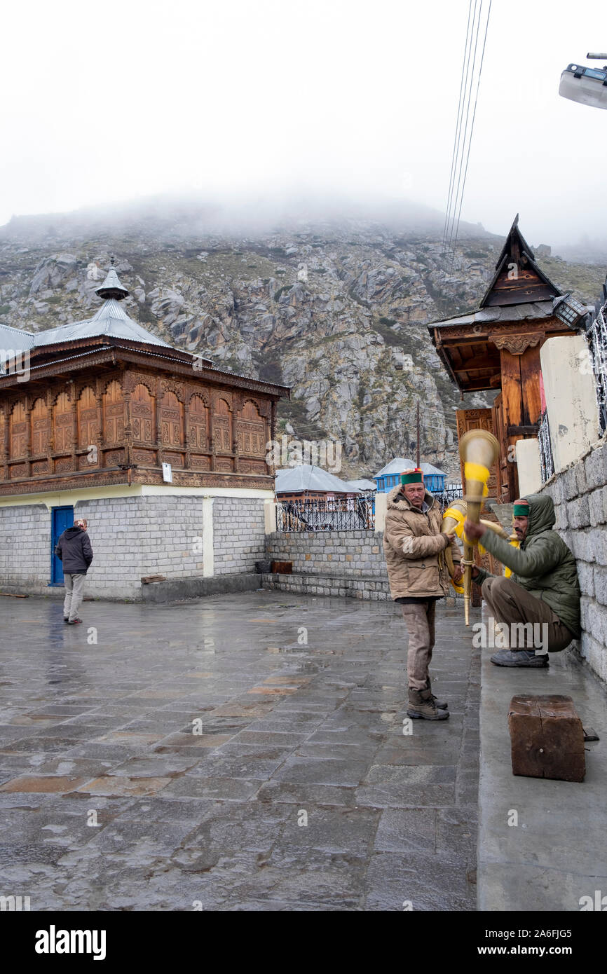 Locals take out wind instruments from the Mathi temple for a local ...