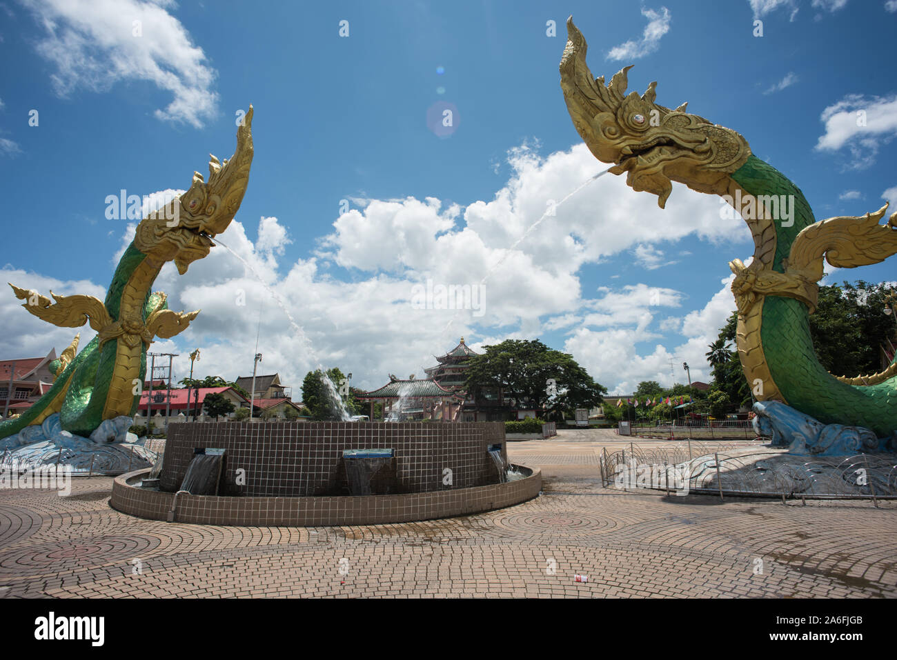 Nong Khai, Thailand, this is the Naga Statue at mekong river promenade ...