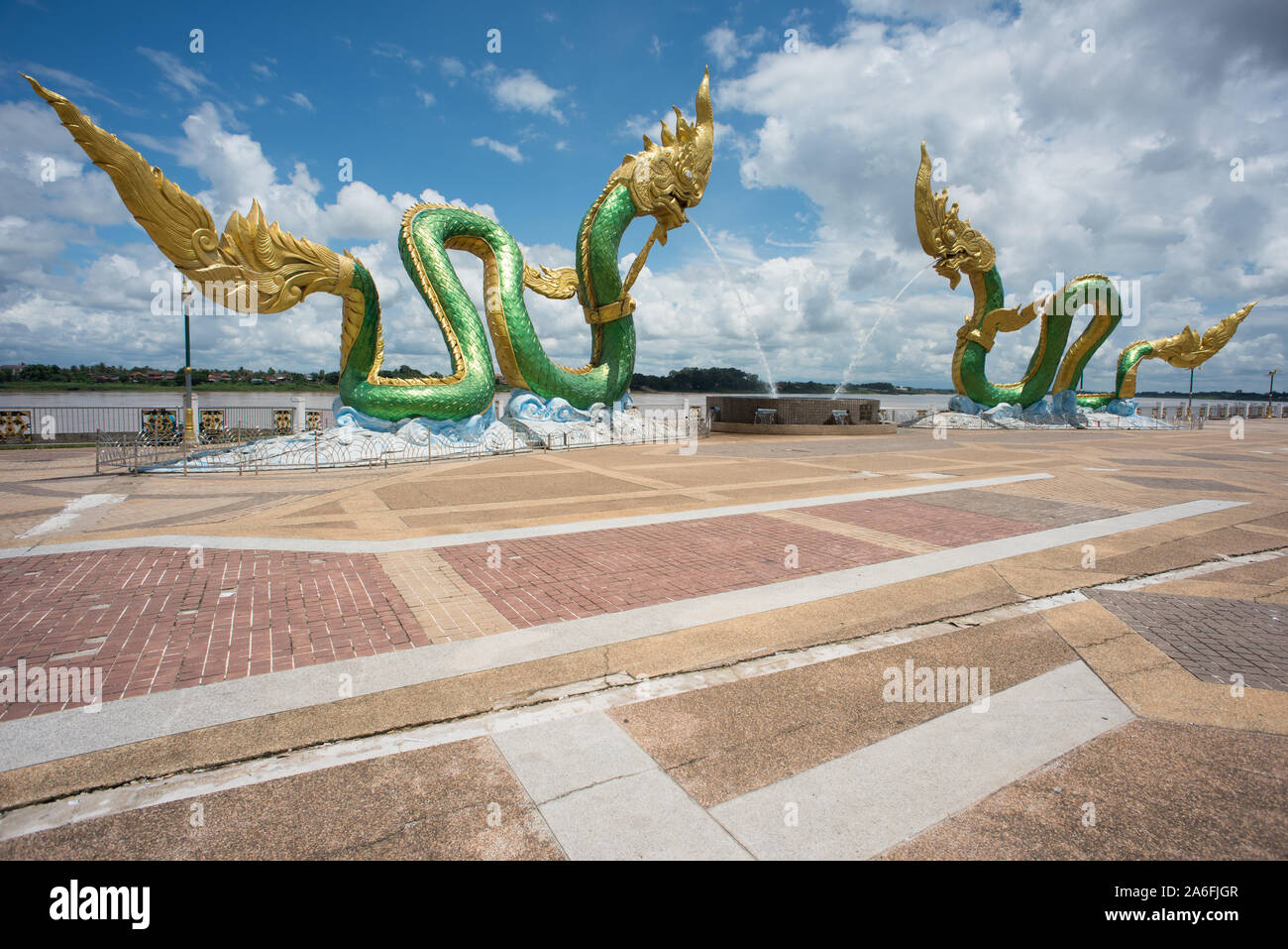 Nong Khai, Thailand, this is the Naga Statue at mekong river promenade ...