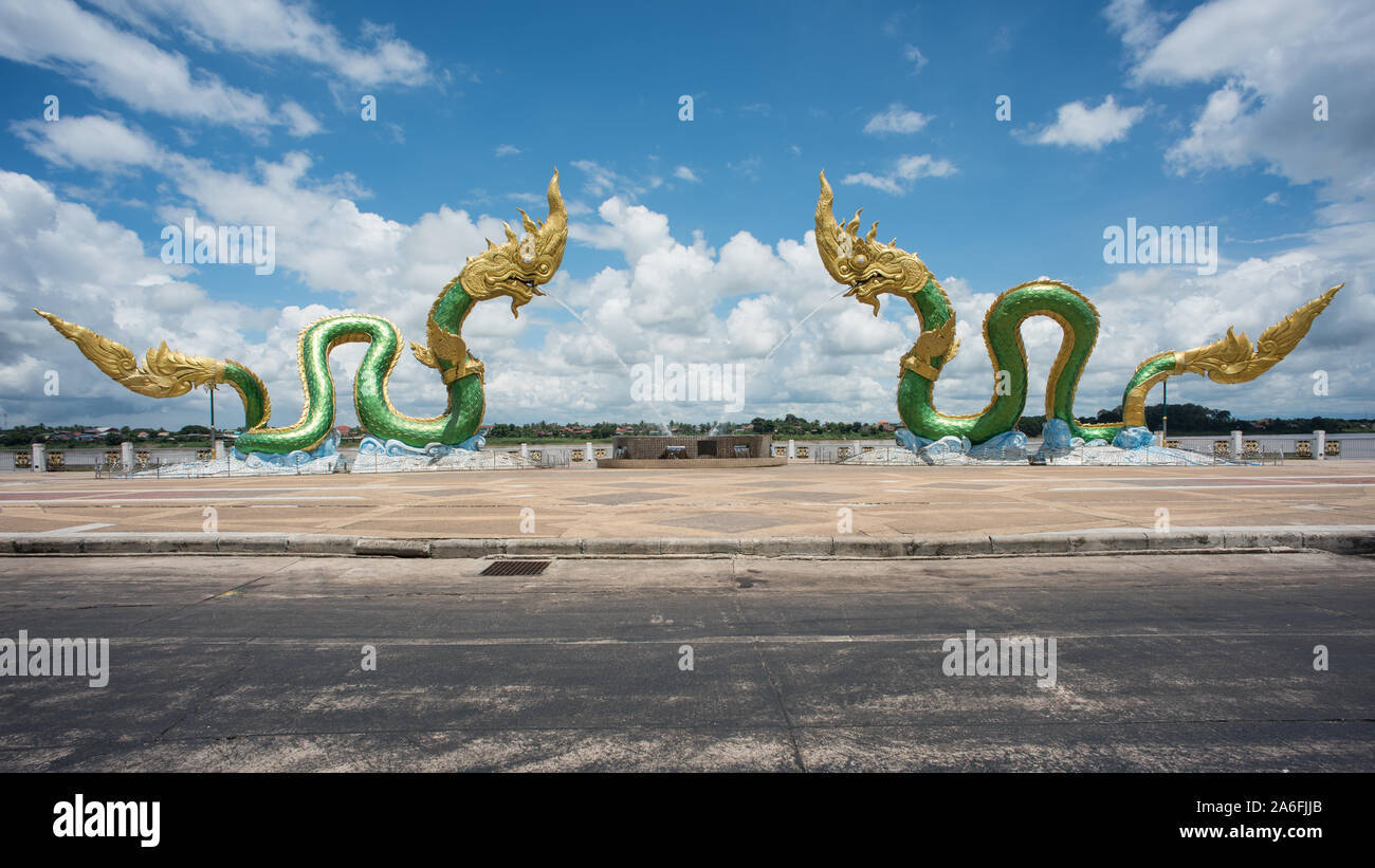 Nong Khai, Thailand, this is the Naga Statue at mekong river promenade ...