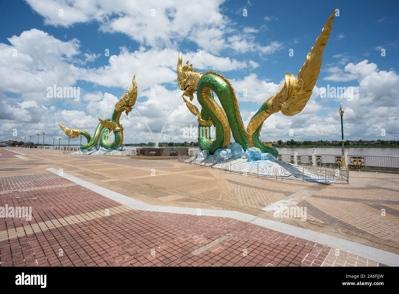 Nong Khai, Thailand, this is the Naga Statue at mekong river promenade ...
