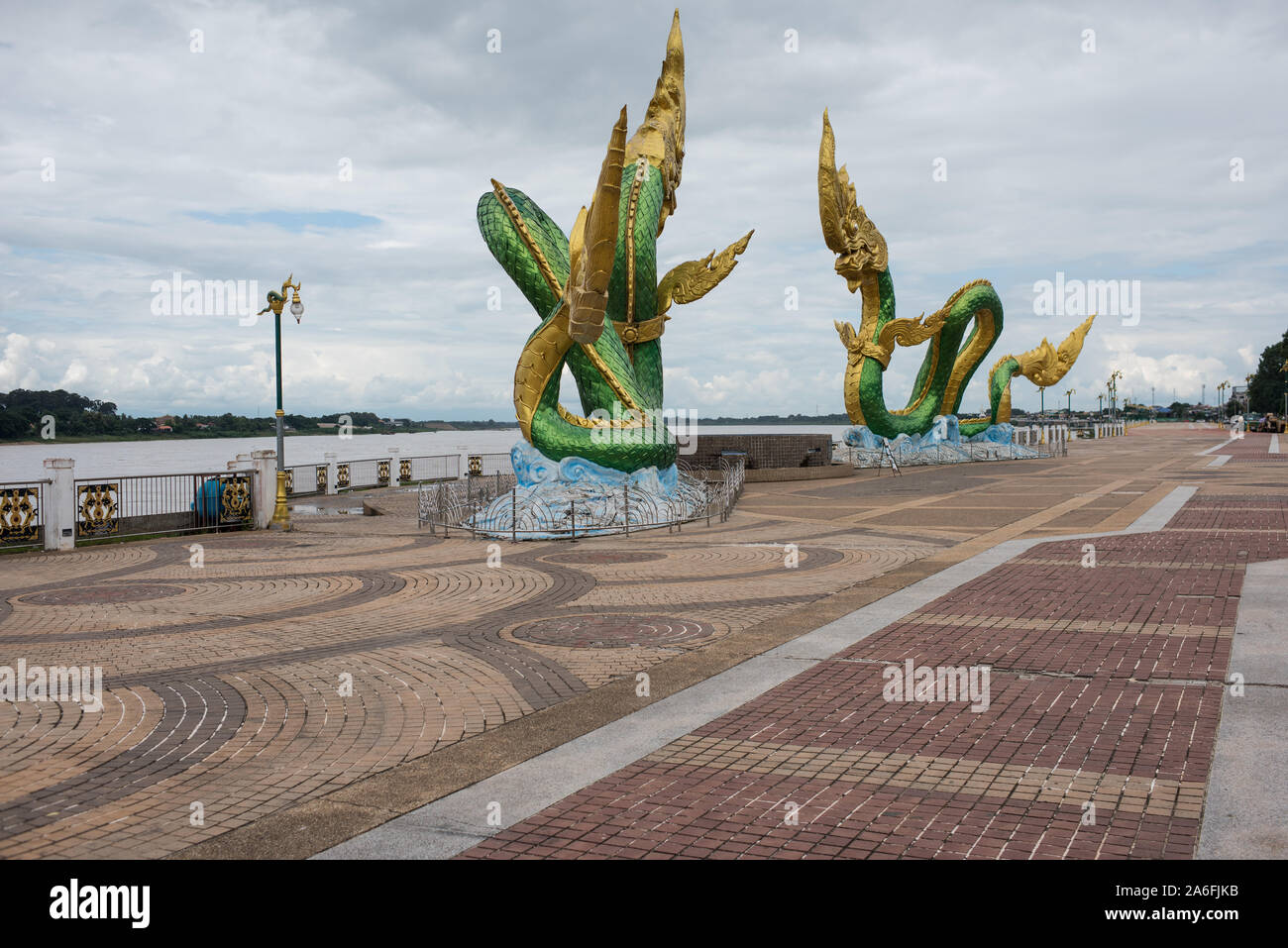 Nong Khai, Thailand, this is the Naga Statue at mekong river promenade ...